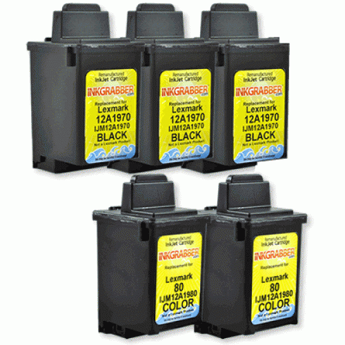 5 Pack of Lexmark Inkjet Cartridges (3 Black, 2 Color) Replaces 12A1970 ...
